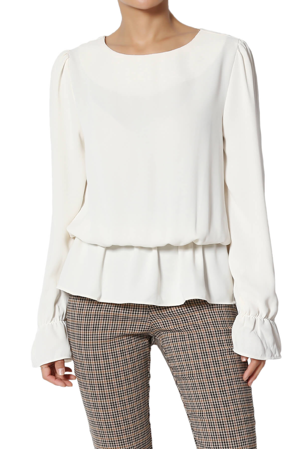 TheMogan Women's S~XL Puff Long Sleeve Shirred Drop Waist Chiffon ...