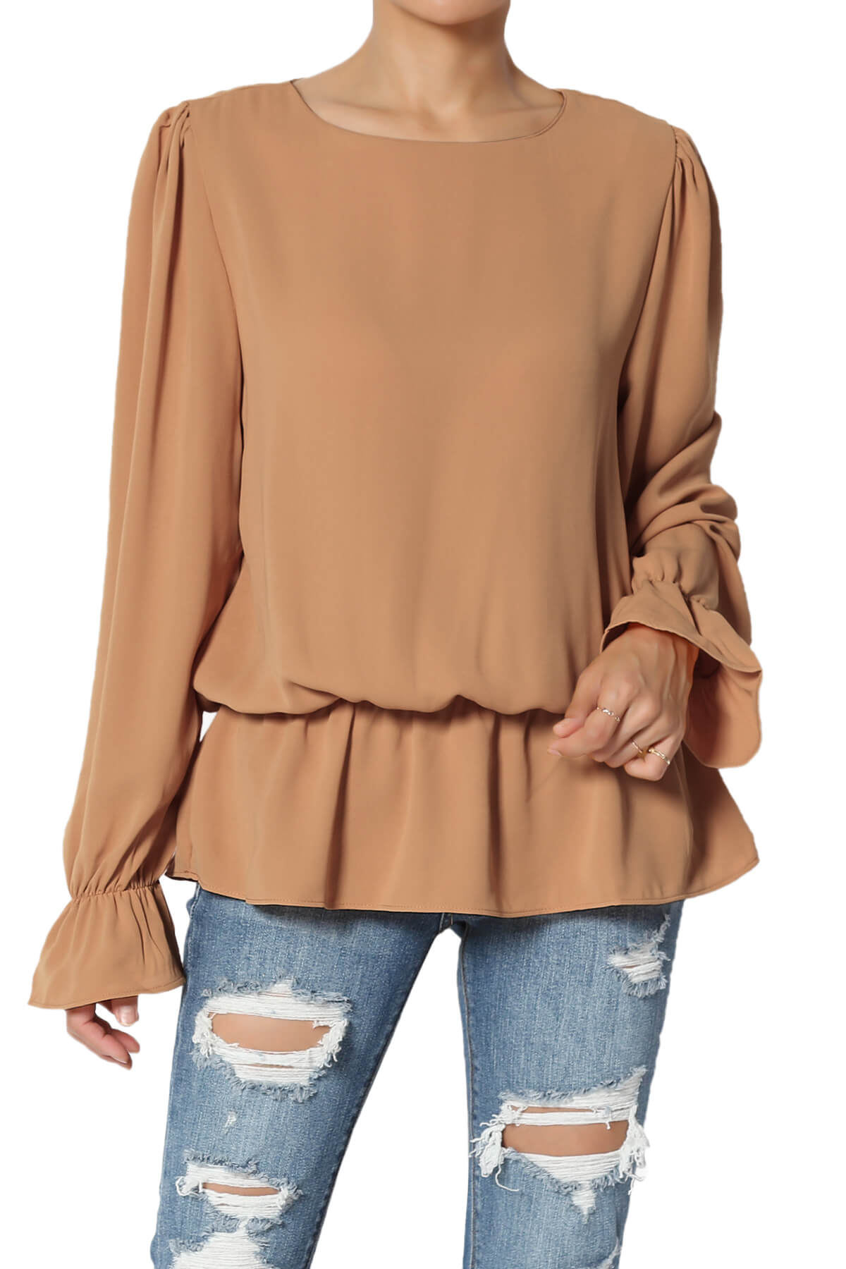 TheMogan Women's S~XL Puff Long Sleeve Shirred Drop Waist Chiffon ...