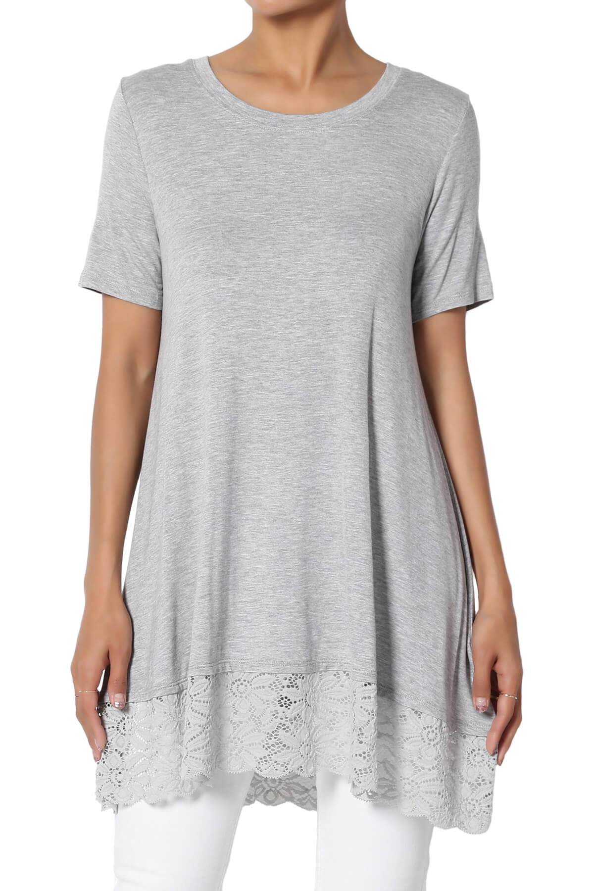 TheMogan Women's Short Sleeve Floral Lace Hem Relaxed Stretch Jersey ...