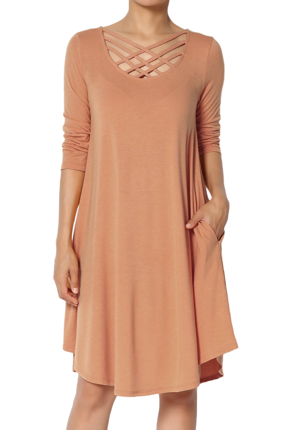 TheMogan Women's Strappy Scoop Neck 3/4 Sleeve Flowy Swing Pocket T ...