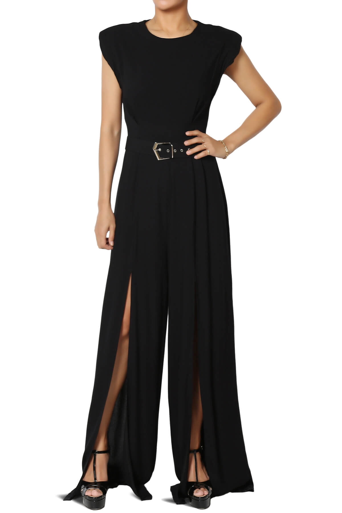 TheMogan Women's TALL Cocktail Sleeveless Padded Shoulder Belted Slit ...