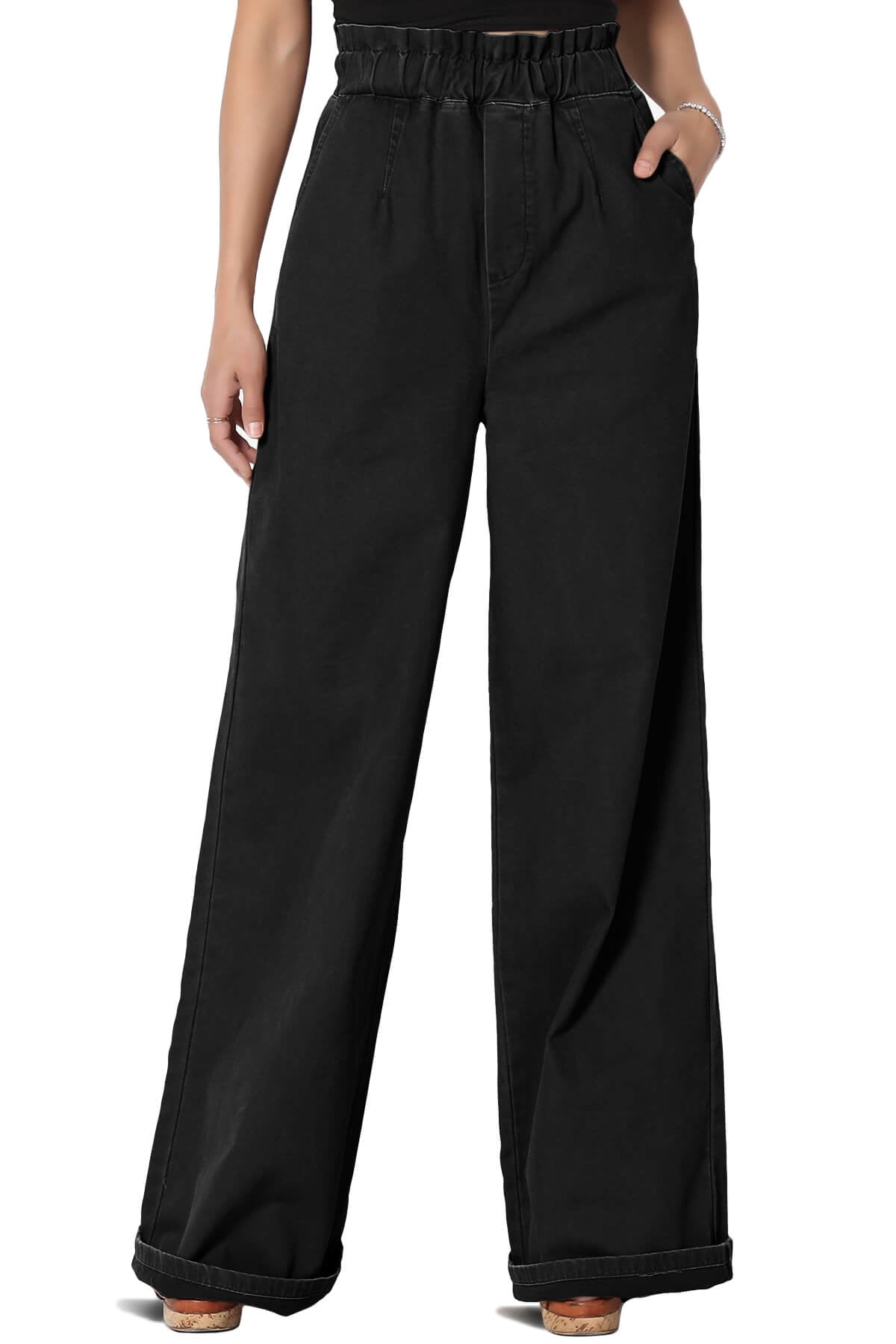 Themogan Womens Tall Plus Twill Paperbag Elastic High Waist Baggy Wide