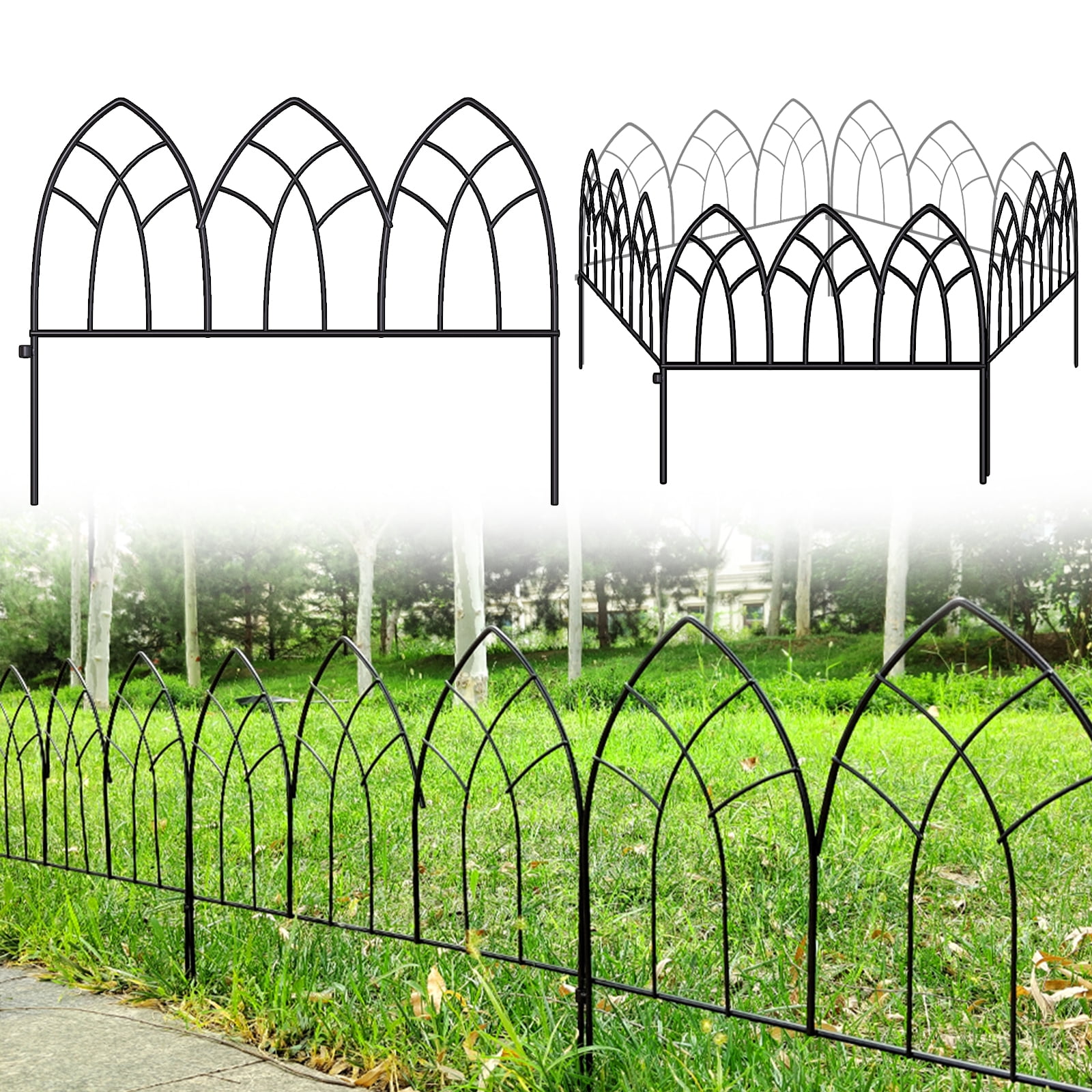 "Thealyn Garden Fence Panel Set 23""x18"" (5 Panels, 9.6ft) Black Metal ...