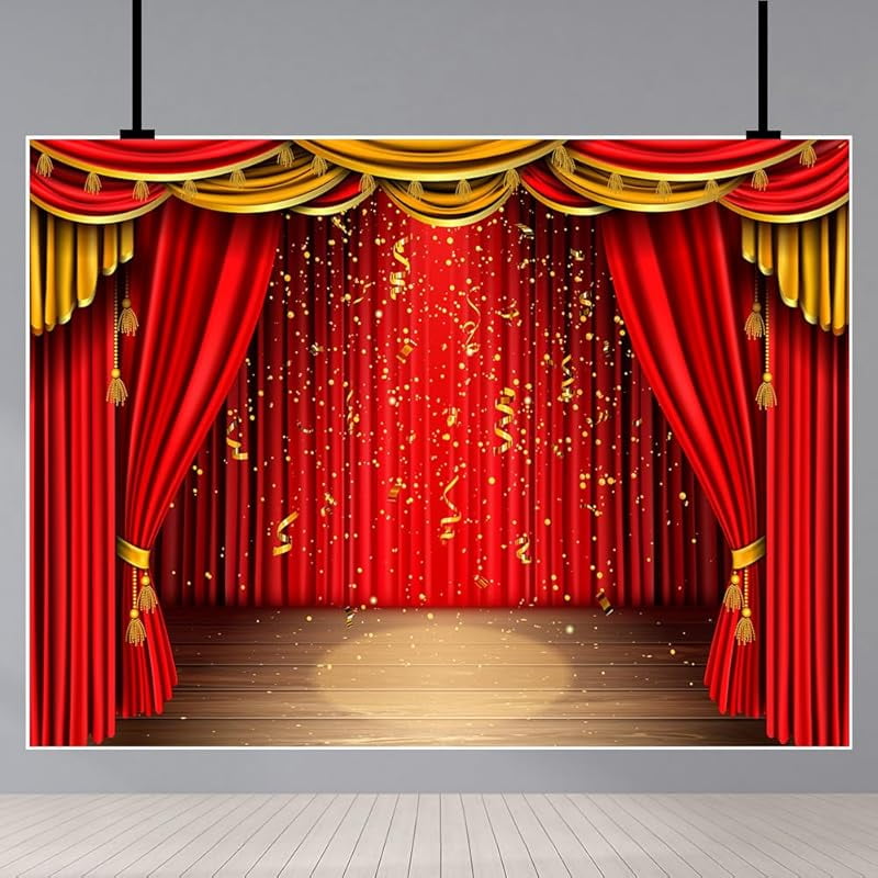 Theater Stage Backdrops Golden Stage Lights Ribbon Red Curtains Rustic ...