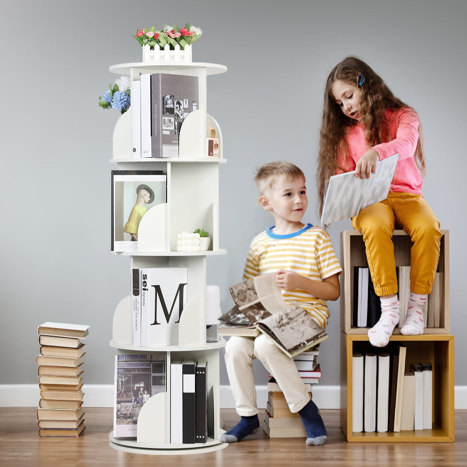 Thehsnt Rotating Bookshelf - 4-Tier Spinning Bookcase w/ 360° Turn ...