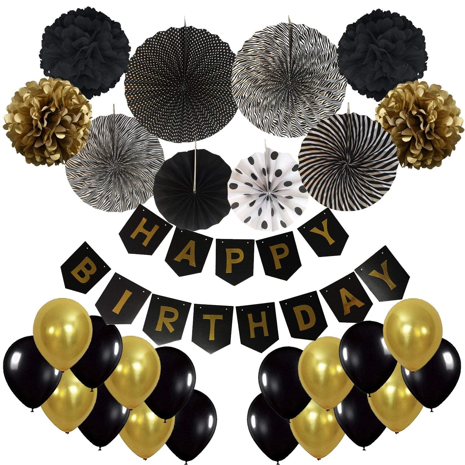 Theme My Party Happy Birthday Banner Tissue Paper Pom Poms Hanging Paper Fan Set - Walmart.com