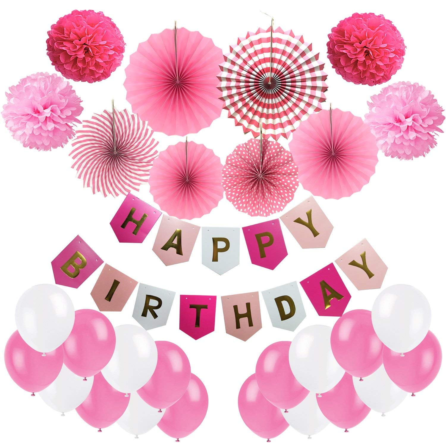 Theme My Party Birthday Decoration Happy Birthday Banner Tissue Paper Pom Poms Hanging Paper Fan ...