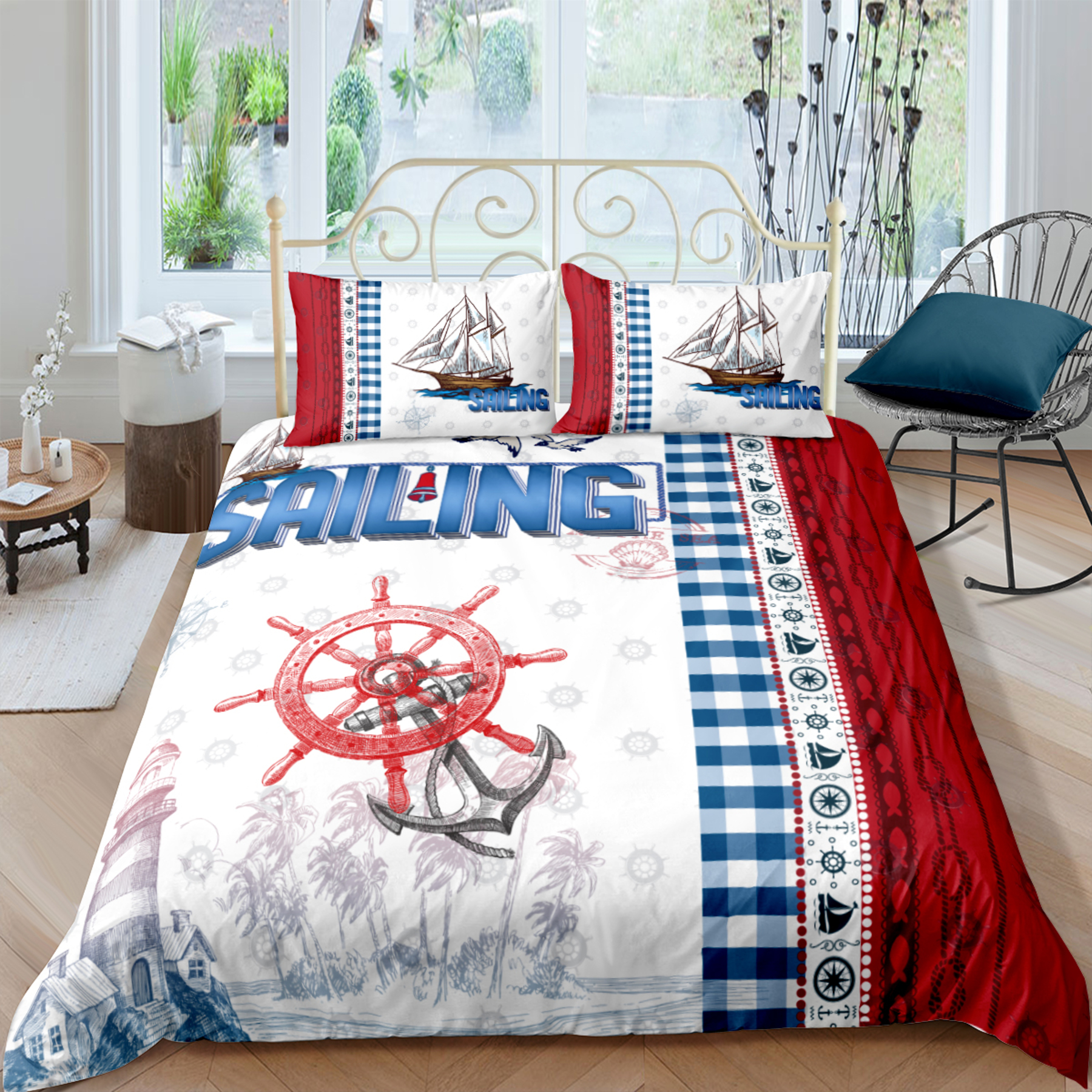 Themed Bedding Set with Anchors & Compasses Stylish "SAILING" Design in ...