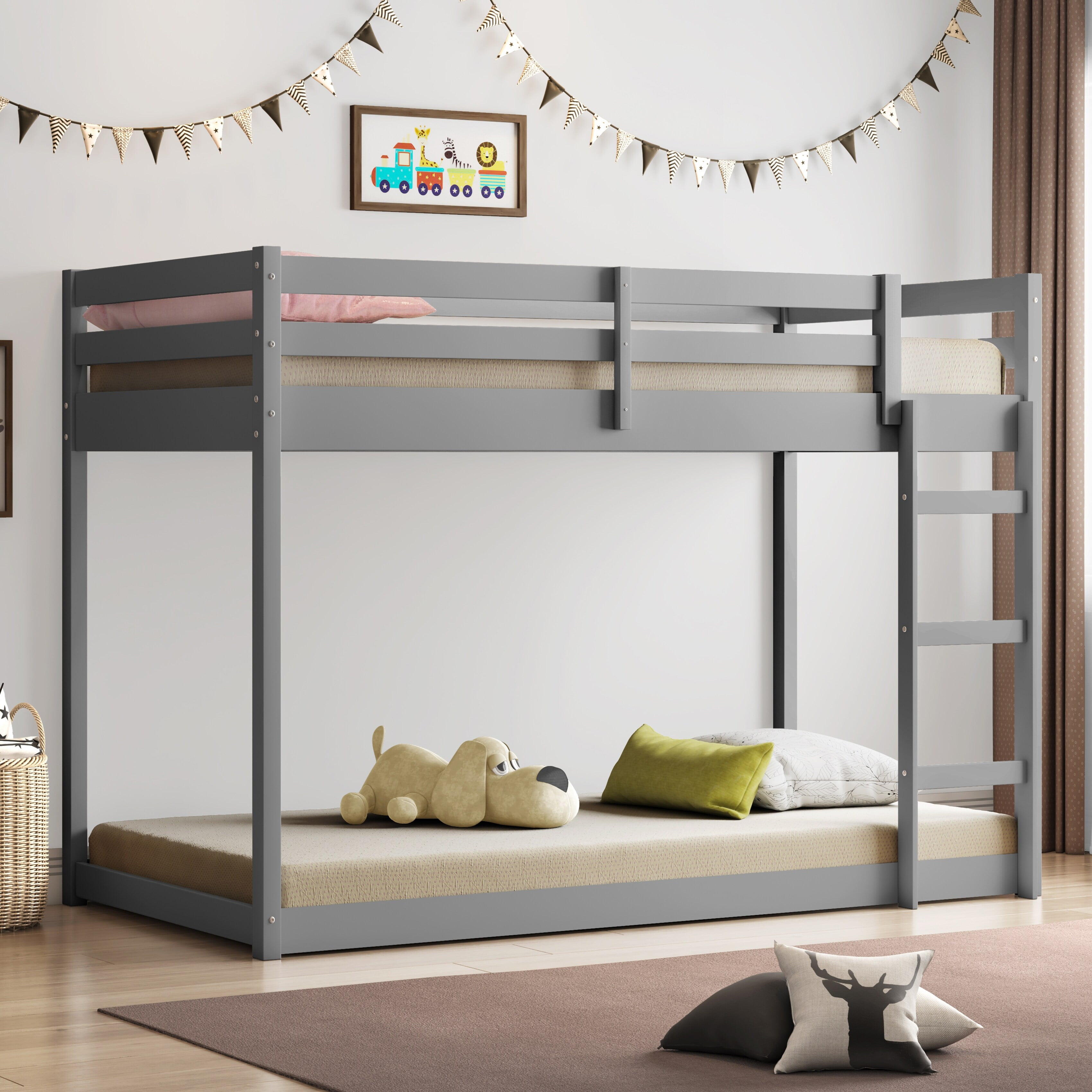 Bed Bath & Beyond Twin Over Twin Wooden Bunk Bed, Grey, Solid Wood, Low ...