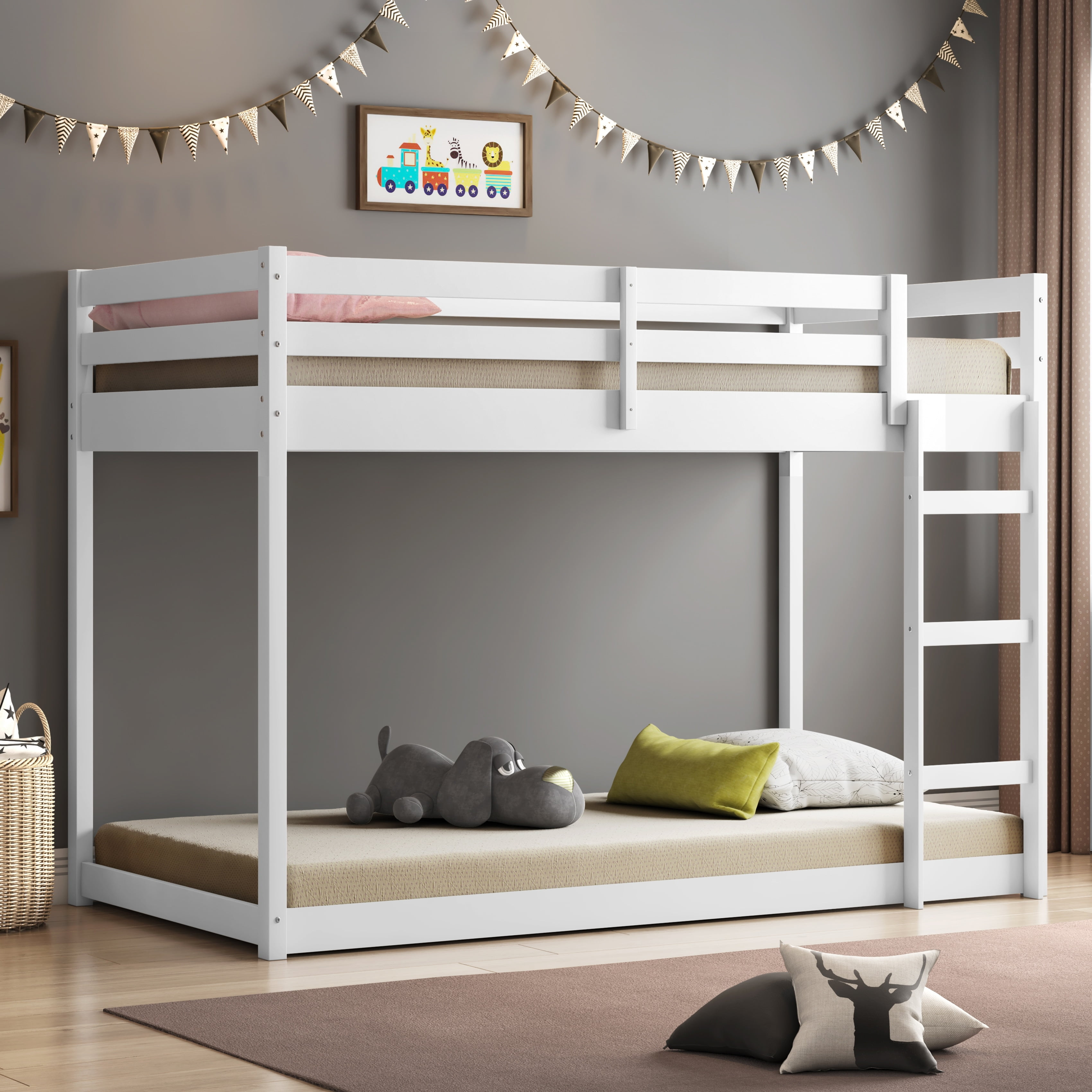 Themes and Rooms Twin Over Twin Solid Wood Low Loft Bunk Bed White ...