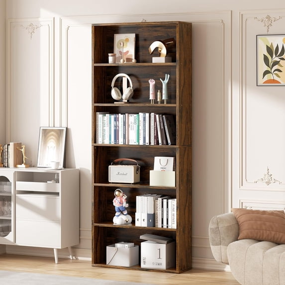 Themis 6-Tier Open Bookcase and Bookshelf, Floor Standing Wood Display ...
