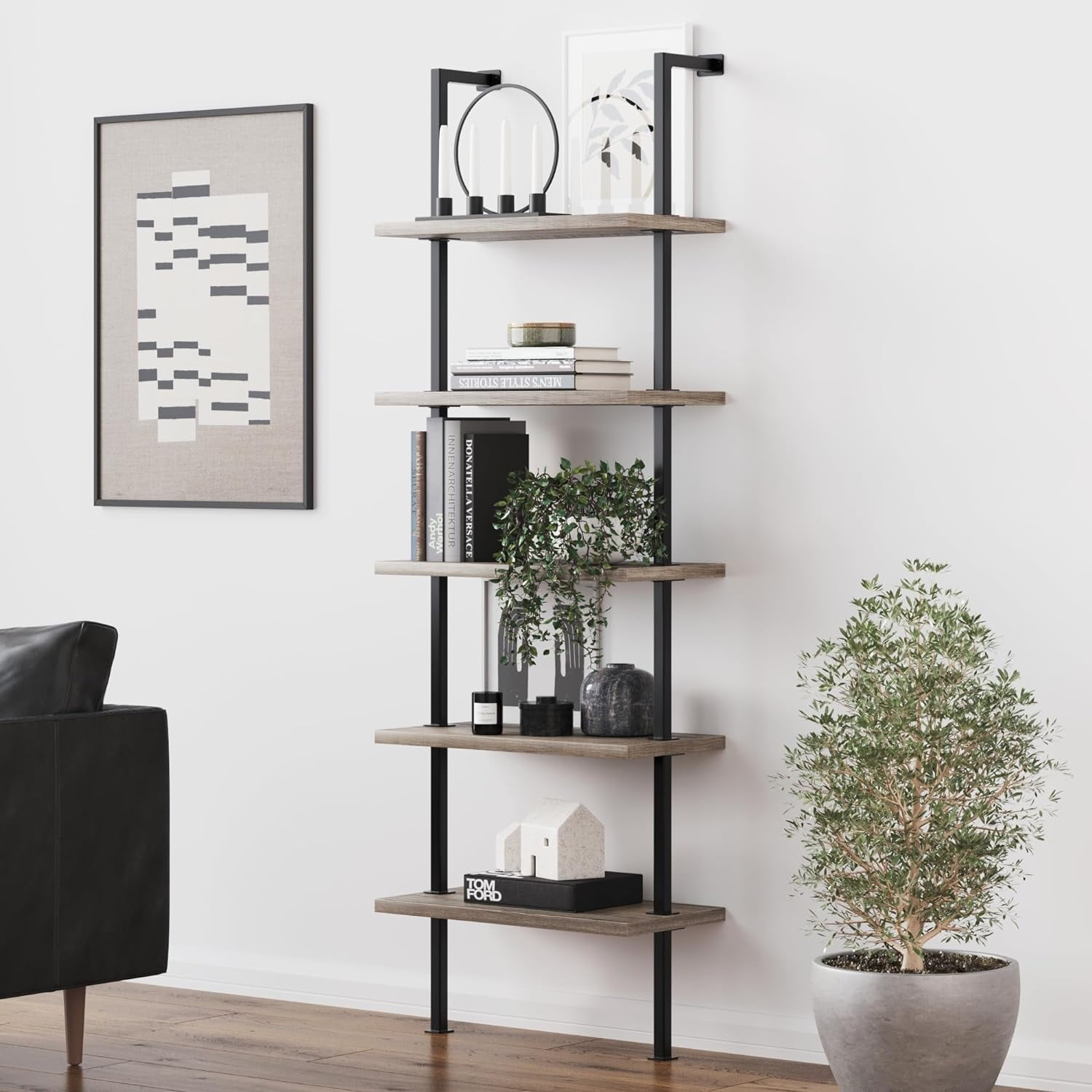 Theo 5-Shelf Wood Modern Bookcase, Open Wall Mount Ladder Bookshelf ...