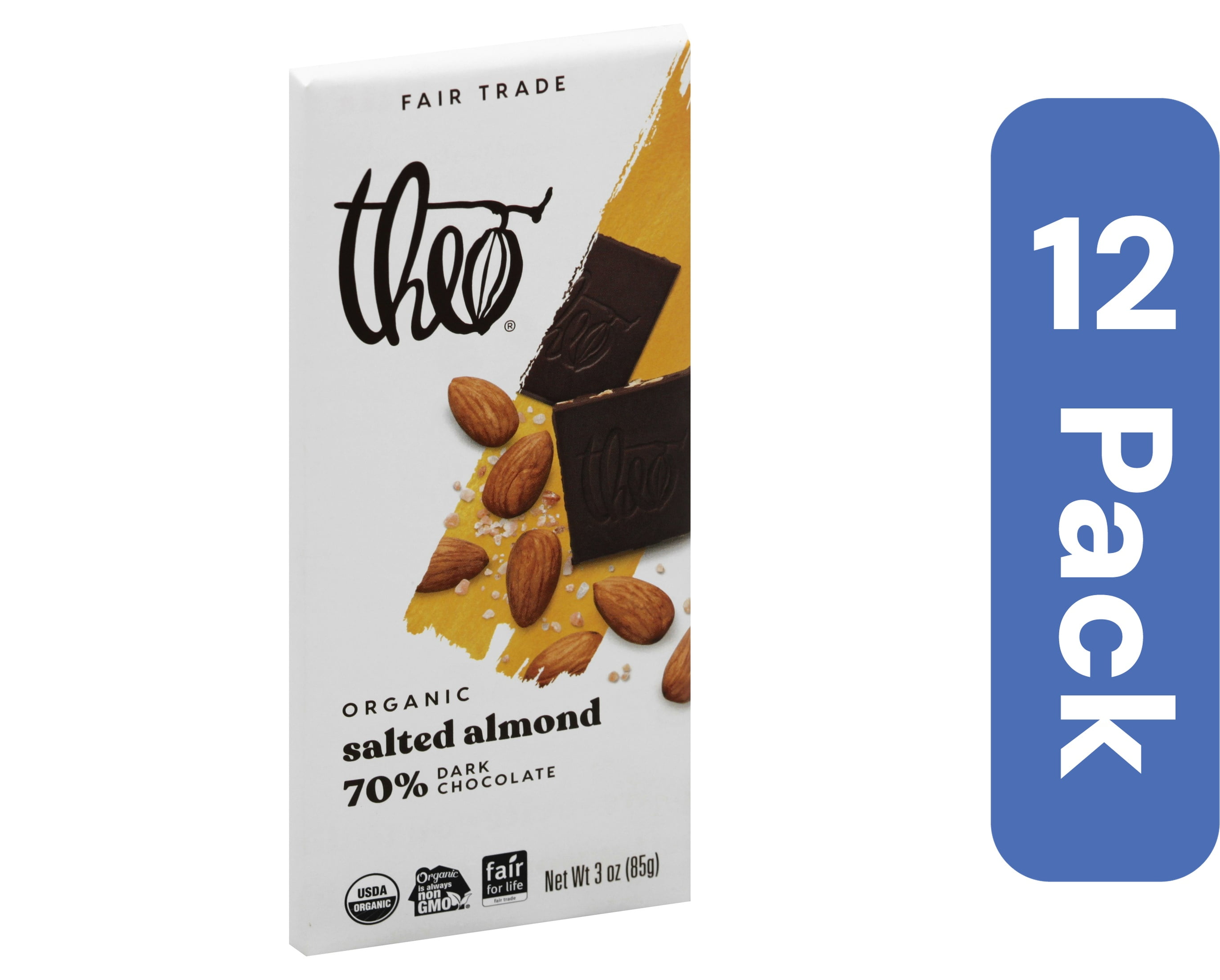 Theo Chocolate Dark Salted Almond Bar 3 oz (Pack of 12) - Walmart.com