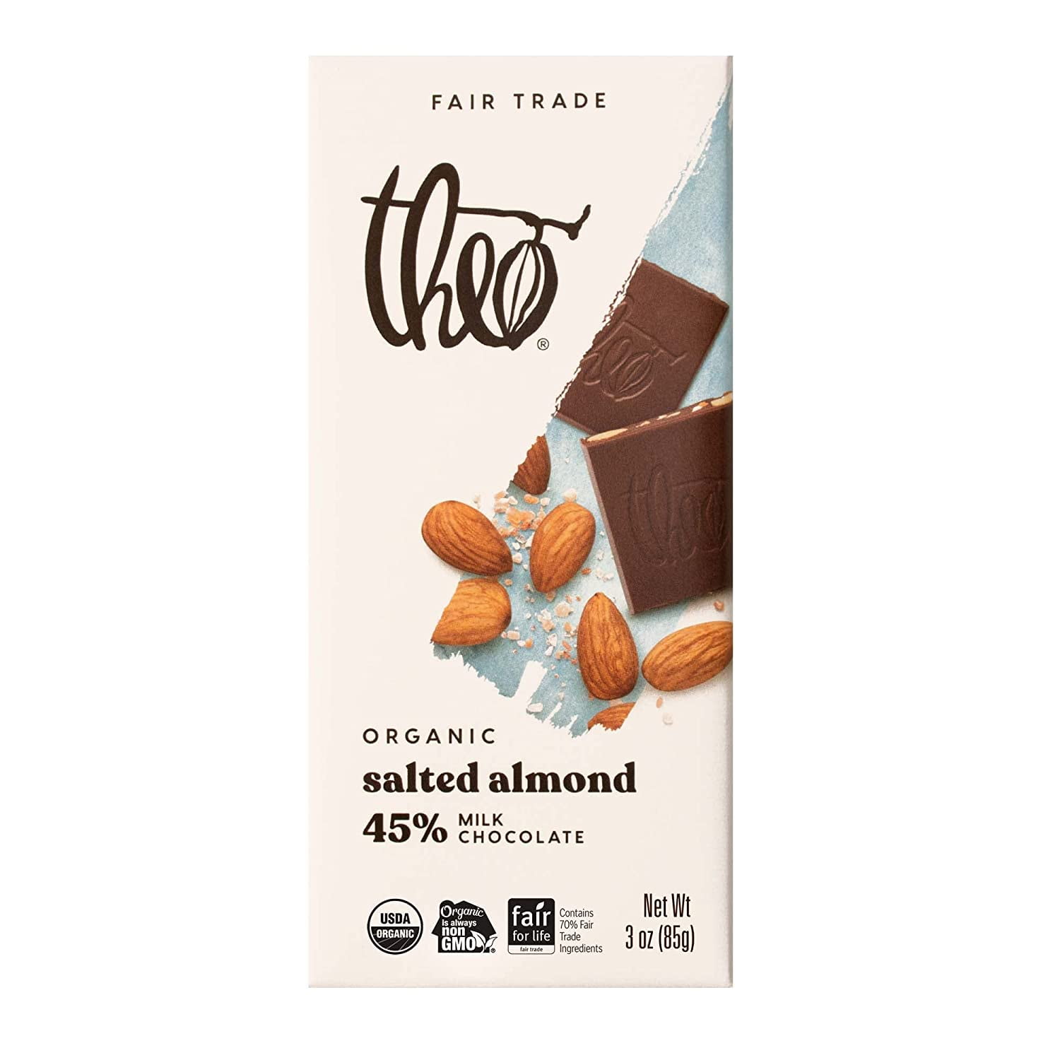 Theo Chocolate Salted Almond Organic Milk Chocolate Bar, 45% Cacao, 12 ...