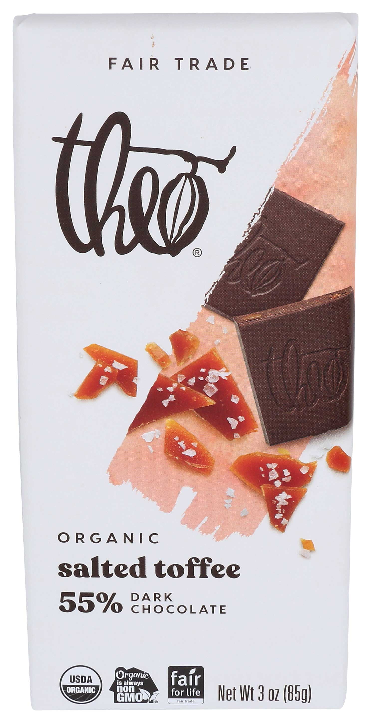 Theo Chocolate Salted Toffee Organic Dark Chocolate Bar, 55% Cacao, 12 ...