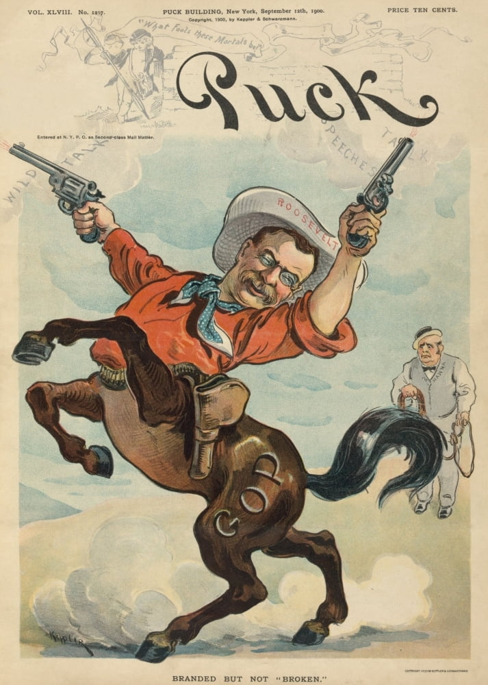 Theodore Roosevelt As A Bucking Bronco Firing Two Revolvers. Puck ...