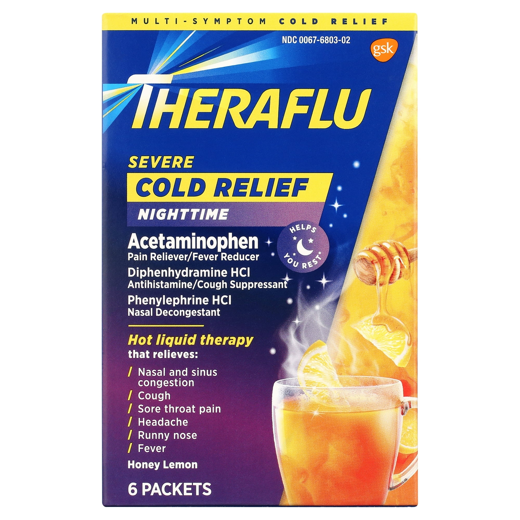 Theraflu Nighttime Severe Cold & Cough, Honey Lemon, 6 Packets ...