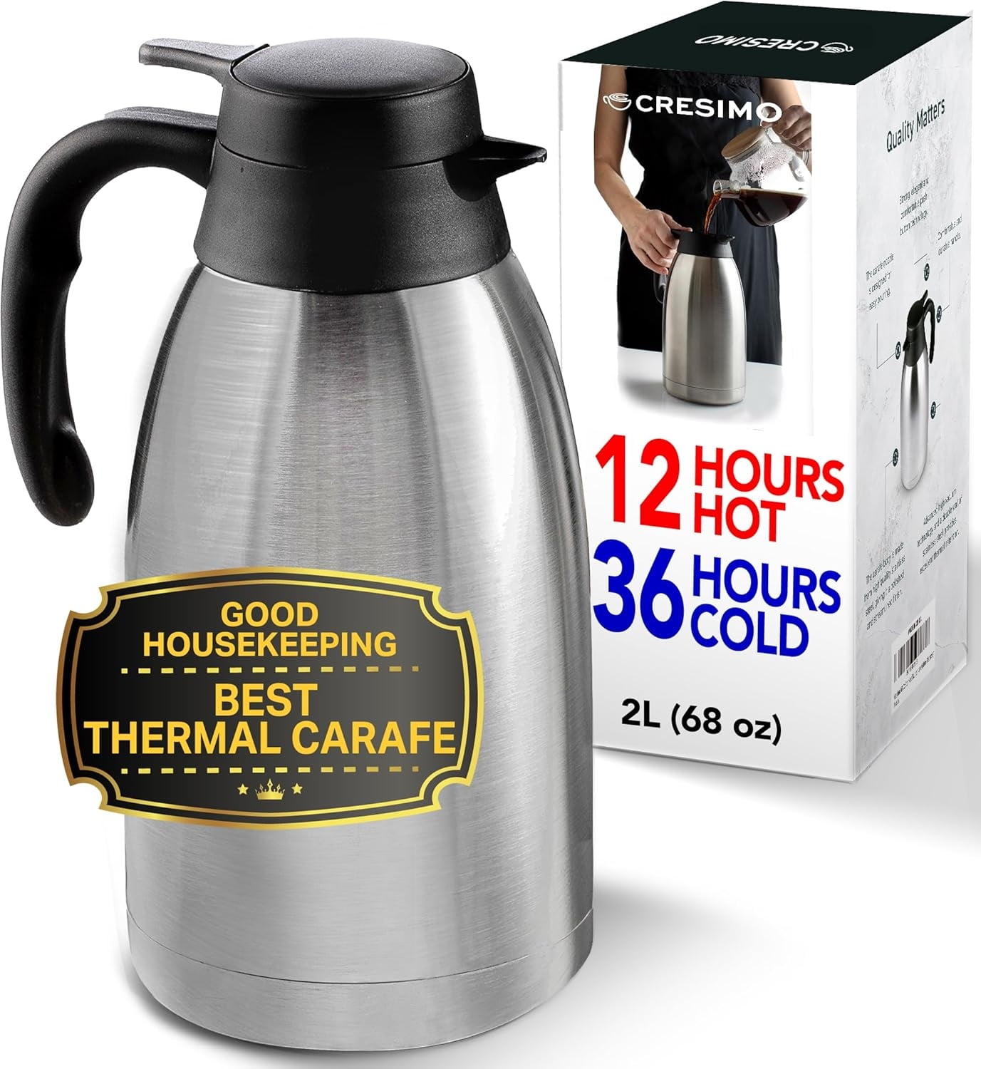 Thermal Coffee Carafe 68oz / 2L - 12 Hours Hot Beverage Dispenser ...