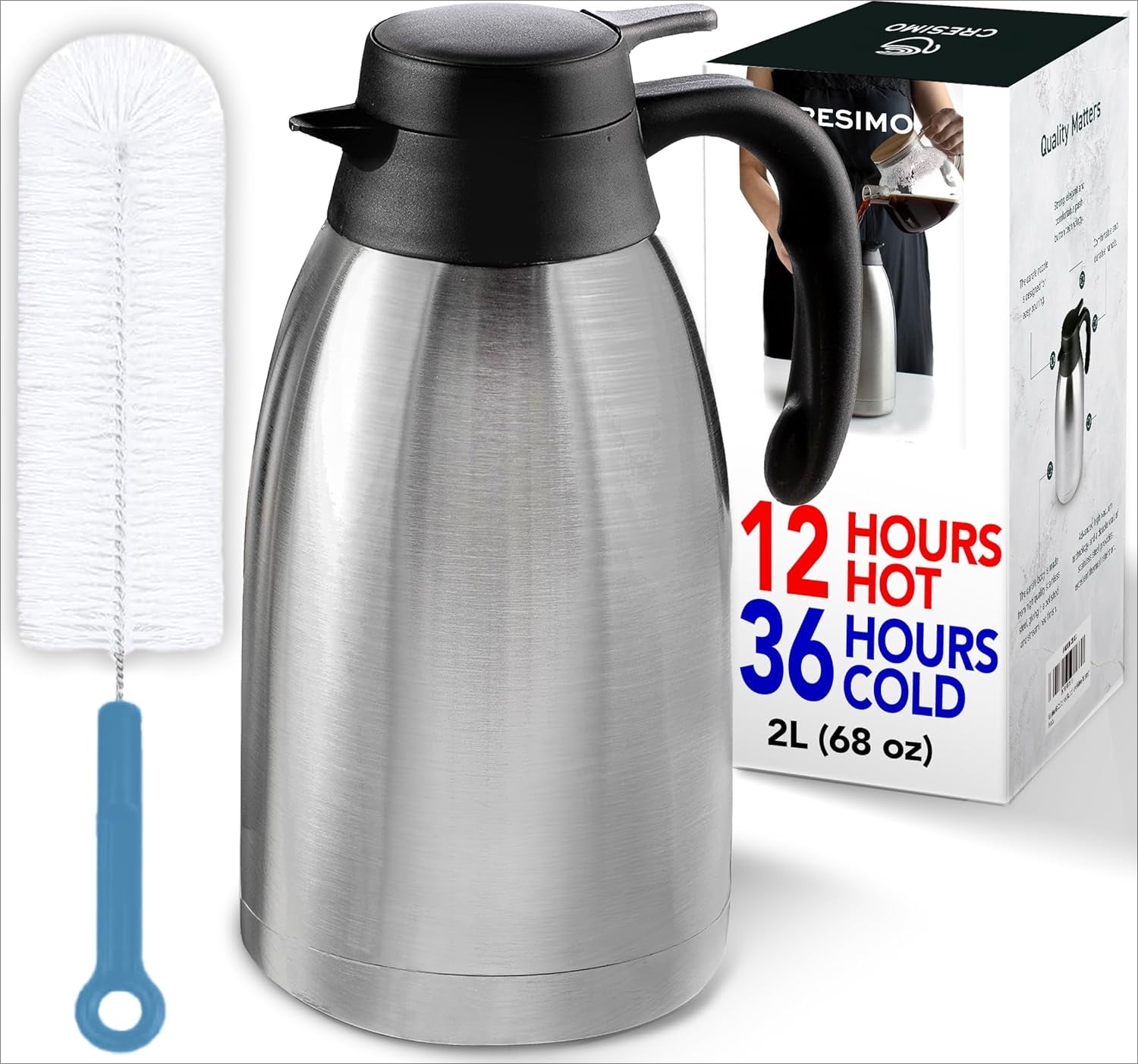Thermal Coffee Carafe 68oz / 2L - 12 Hours Hot Beverage Dispenser, Insulated Stainless Steel ...