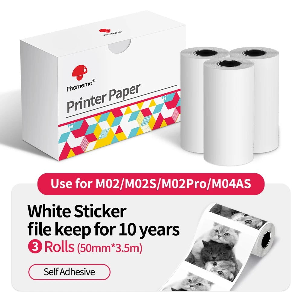Thermal Paper Original Sticker 3 Rolls fit M02 M02S M02 Pro Thermal Printer Mini Thermal Photo ...