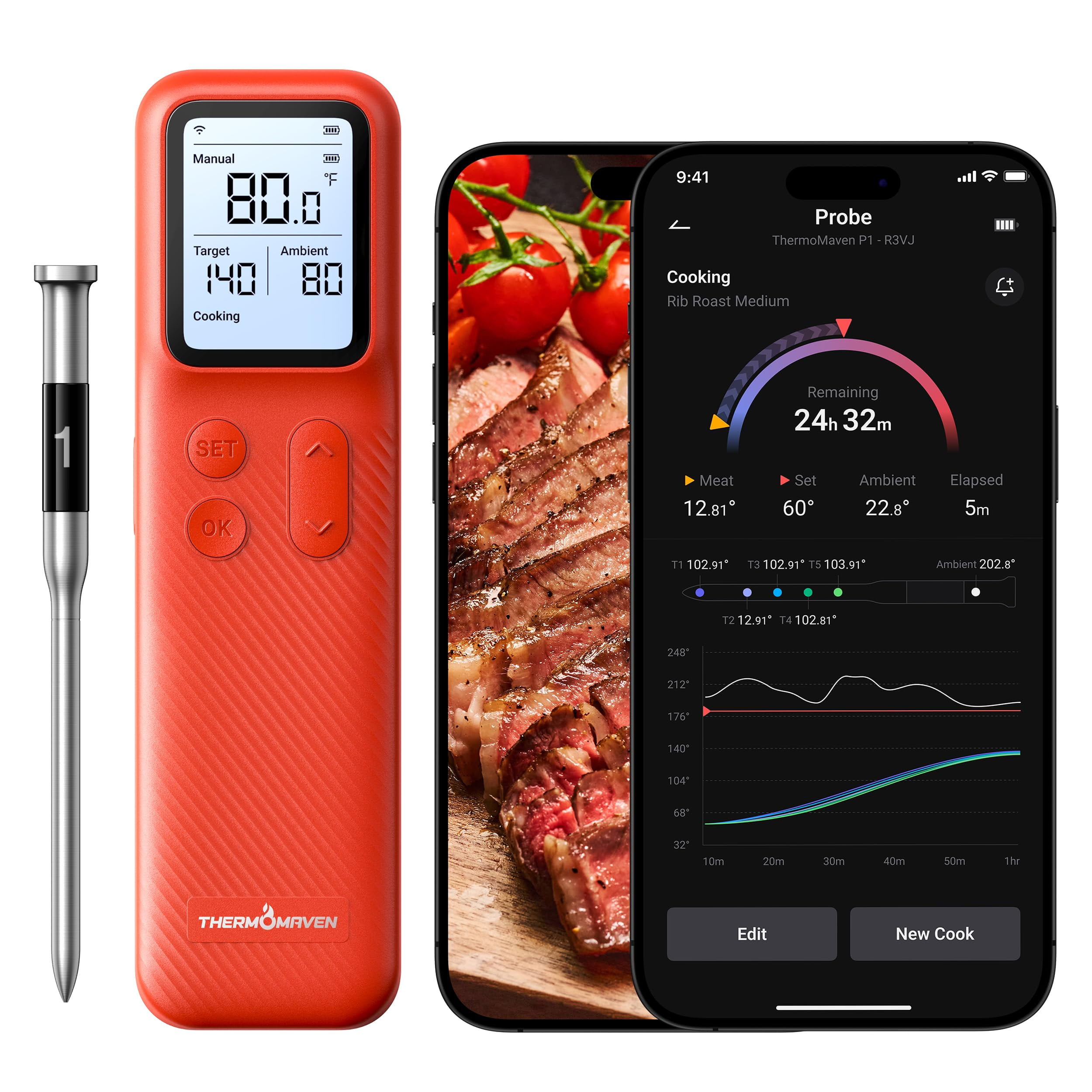 ThermoMaven Smart Bleutooth Wireless Meat Thermometer, Standalone Base ...