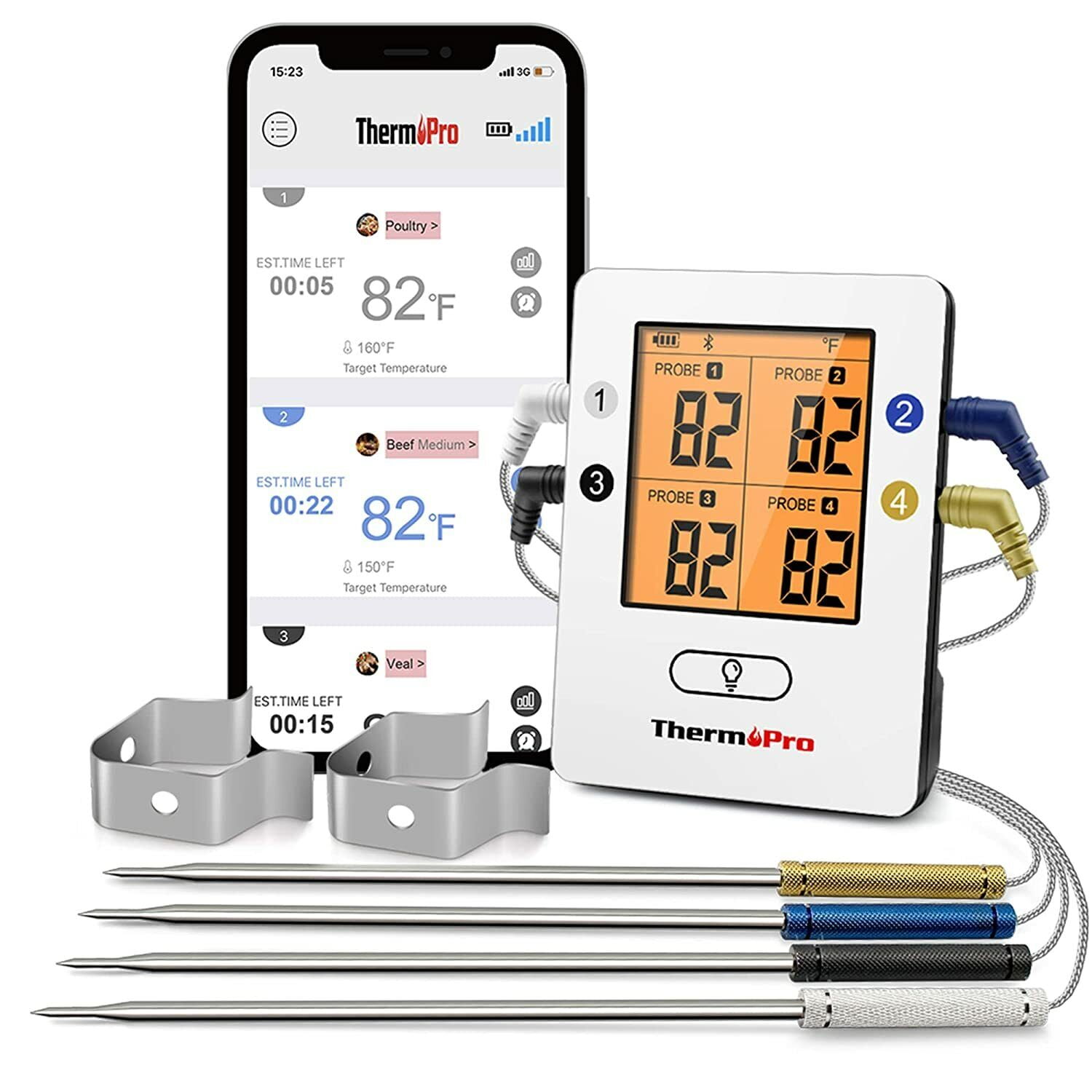 ThermoPro Bluetooth Meat Thermometer w/ 4 Probes, Rechargeable w/ Alarm ...