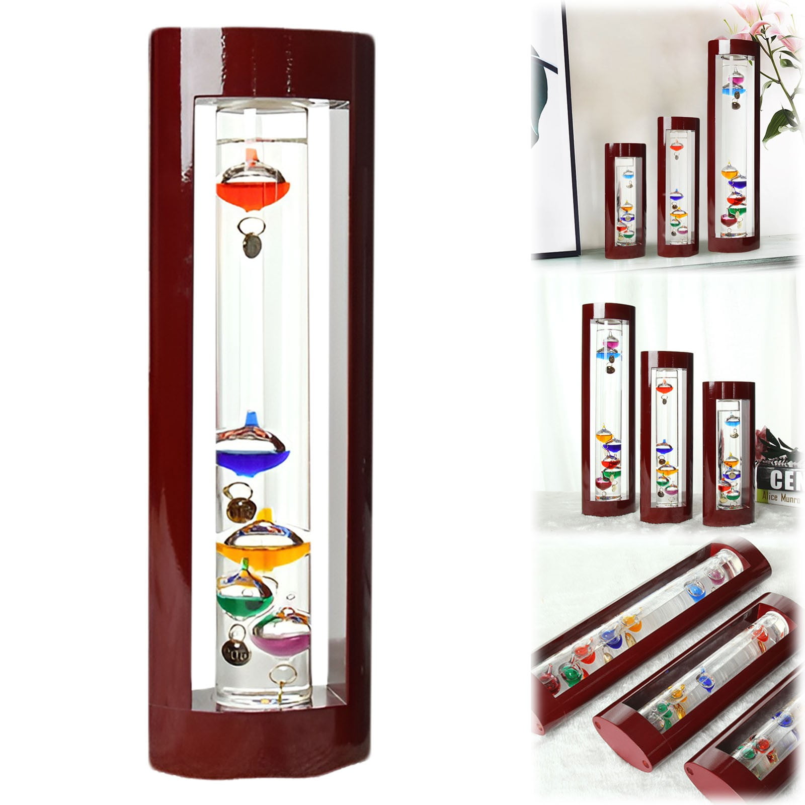 Thermometer Desktop Ornament B, Glass Design with Spheres, Cherry Wood ...