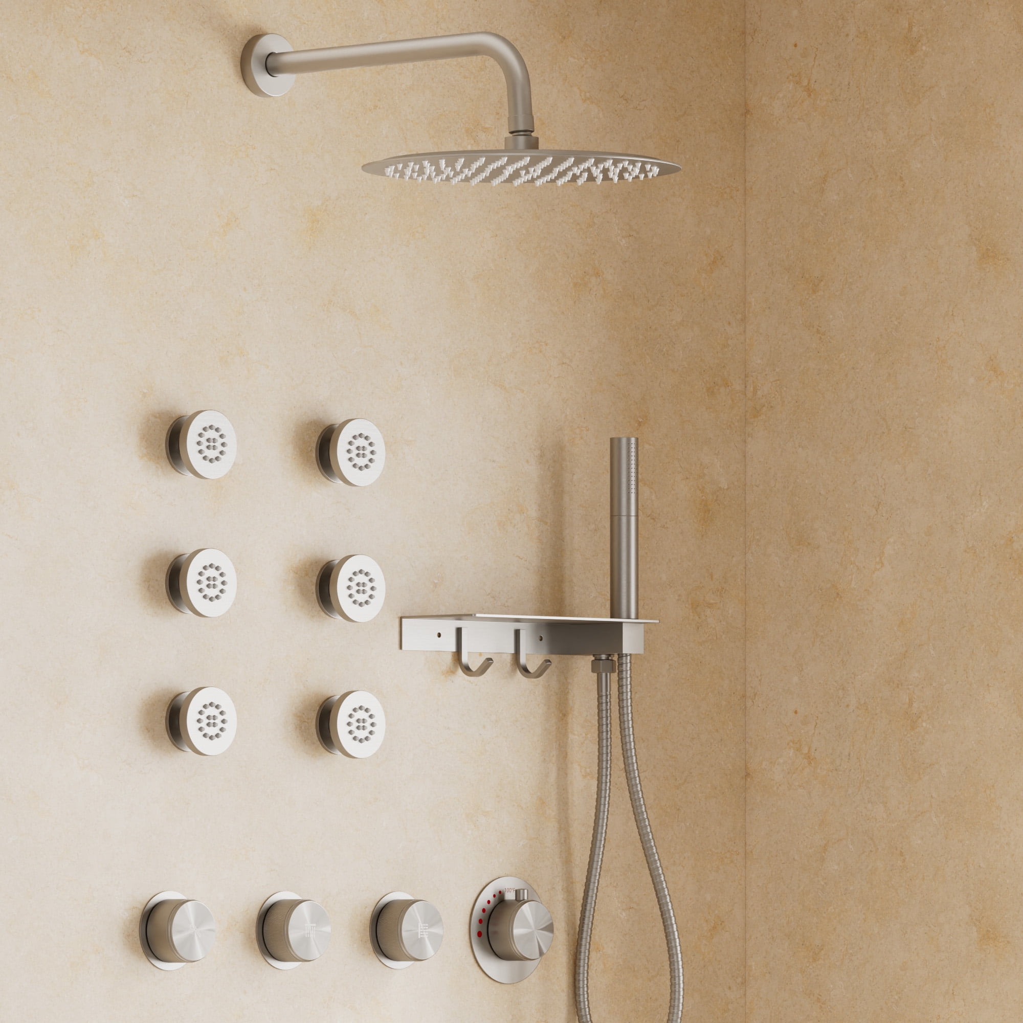 Thermostatic 12" Rain Shower System with Hand Shower & Body Sprays Jets ...