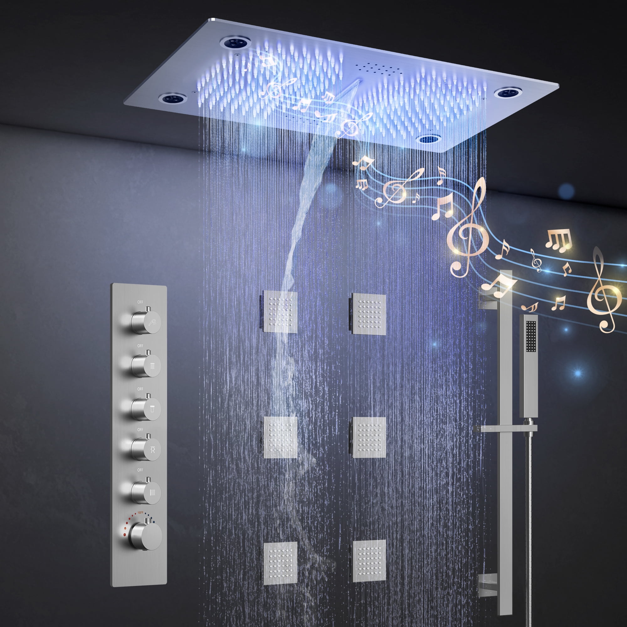 Thermostatic LED Music Shower System High Pressure Shower head w/ Slide ...