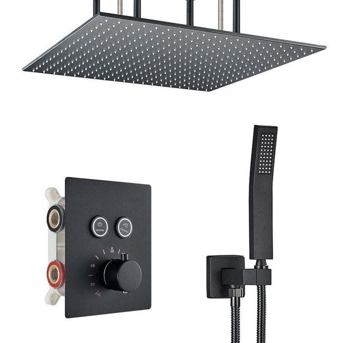 Thermostatic Matte Black Shower Set System 16x32" Rainfall Head with ...