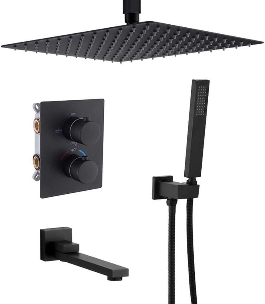 Thermostatic Rain Shower System Matte Black Shower Faucet Set Ceiling ...