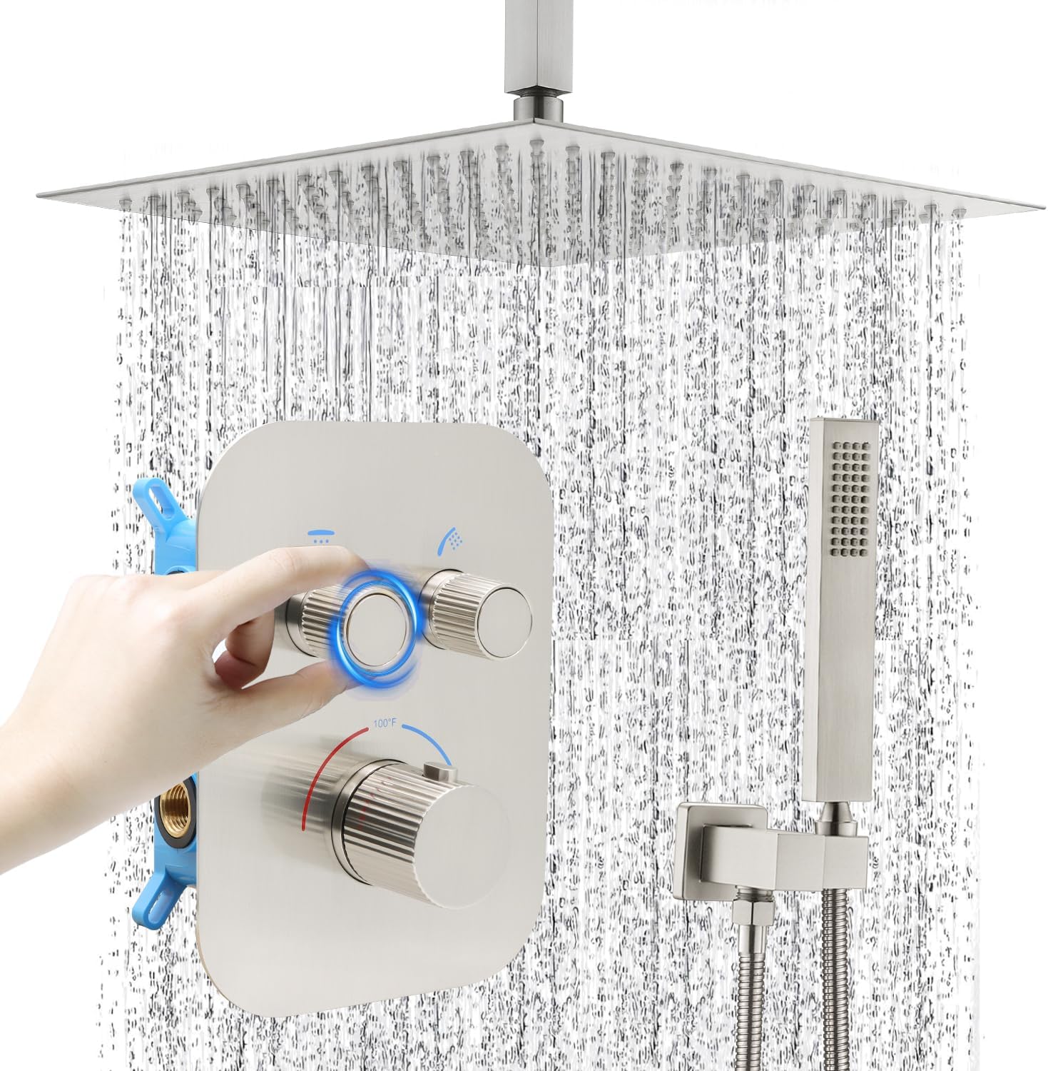 Thermostatic Shower System 16 Inch Ceiling Mount Brushed Nickel Shower ...