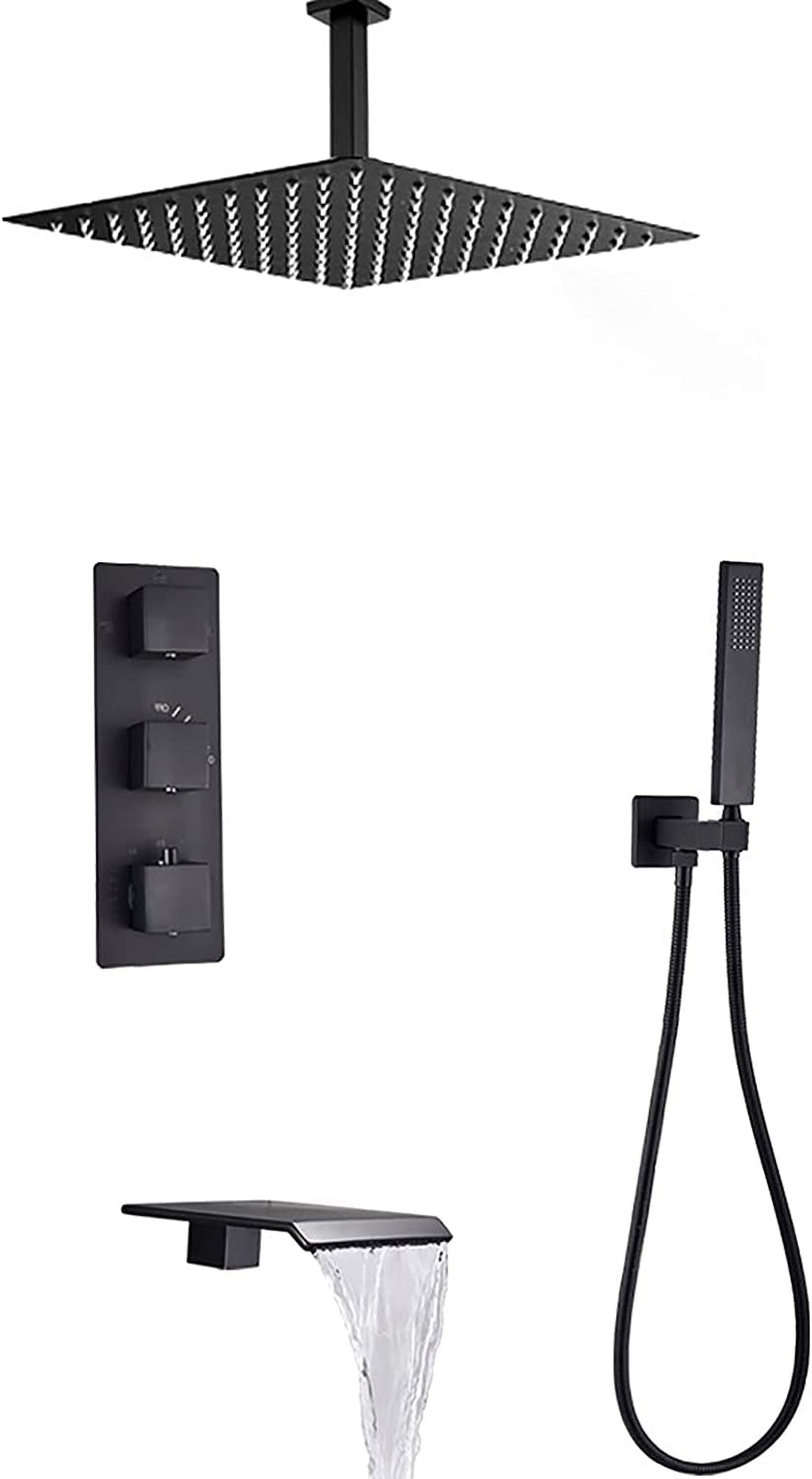 Thermostatic Shower System with Waterfall Tub Spout Black Shower Faucet ...