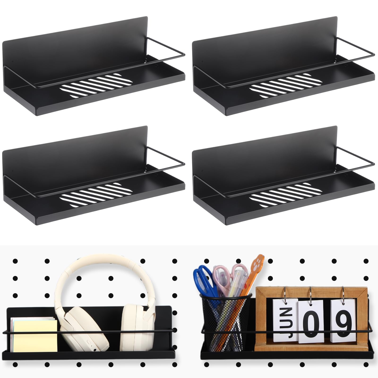 Therwen 4 Pack Magnetic Pegboard Shelves with Guardrail Wall Organizer ...