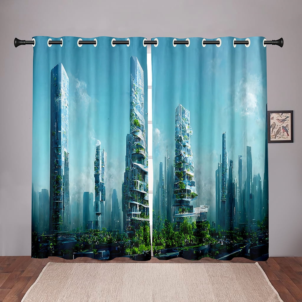 Thick 2Pieces 90%Shading Future Cyberpunk City Sky On Sale Blackout Window Curtain For Bedroom ...