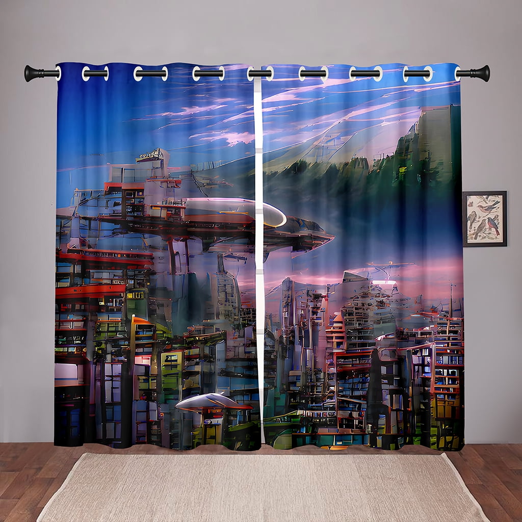 Thick 2Pieces 90%Shading Future Cyberpunk City Sky On Sale Blackout Window Curtain For Bedroom ...