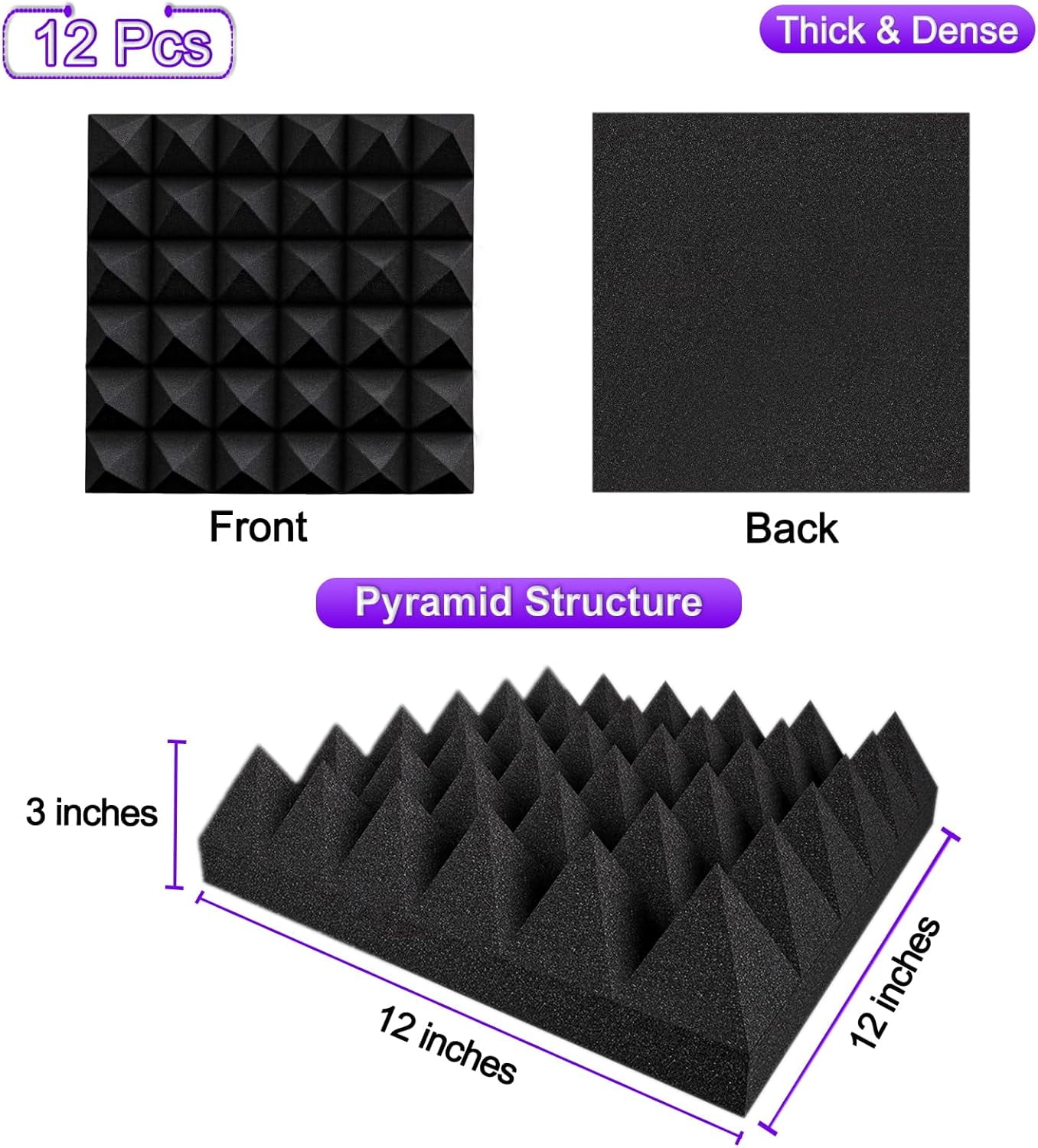 Thick Acoustic Foam Panels, 12x12x3 Inch, 12 Pcs Sound Absorbing Wall ...