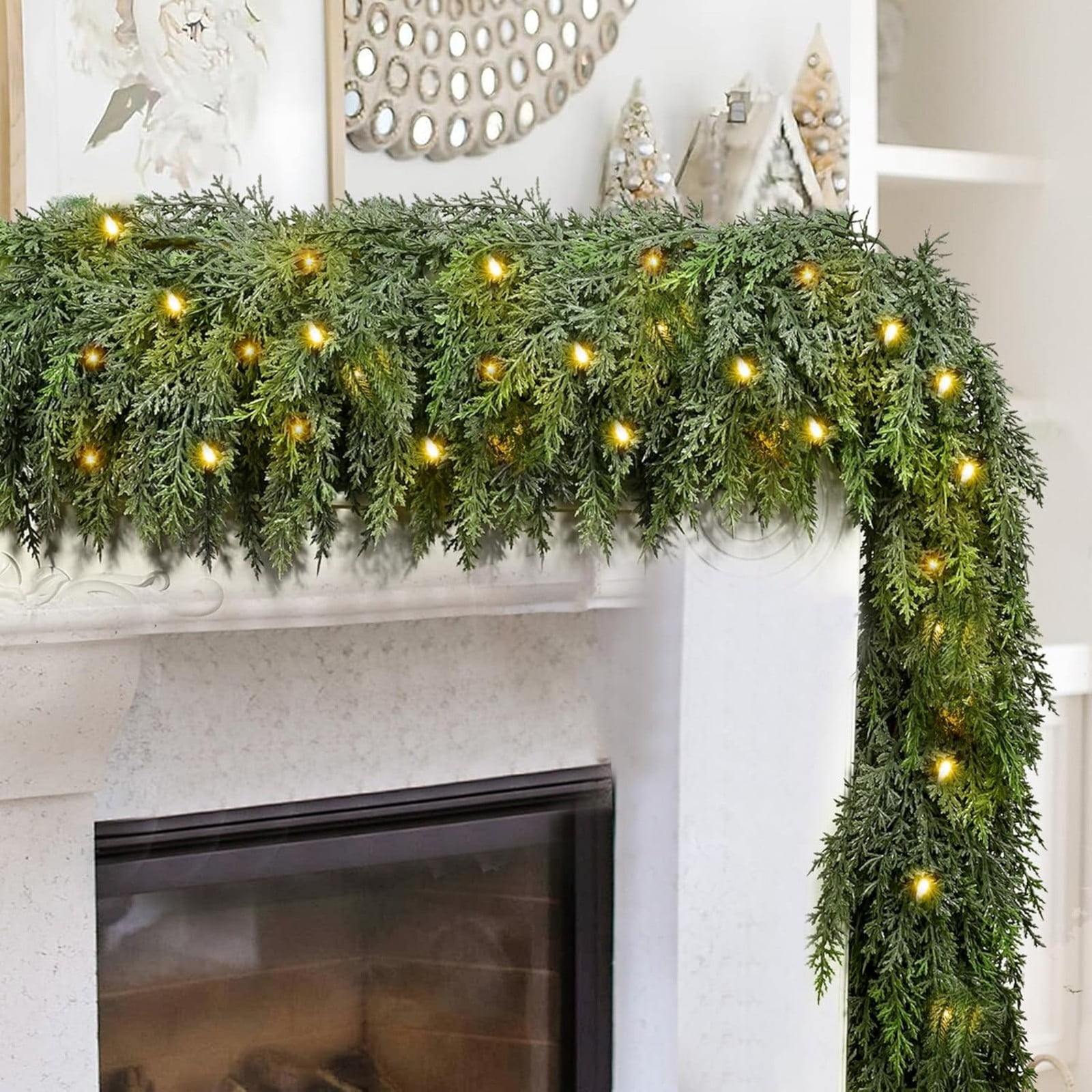 Thick Christmas Garlands with Light and Cedar Branches, Green Cedar ...