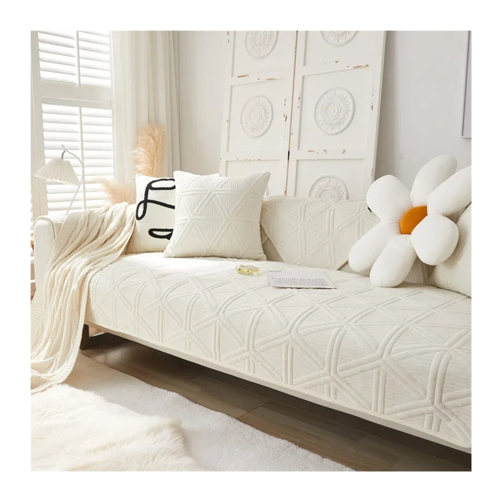 Thick Plush Chaise Lounge Sofa Mat Cover Geometric Plaid Universal ...