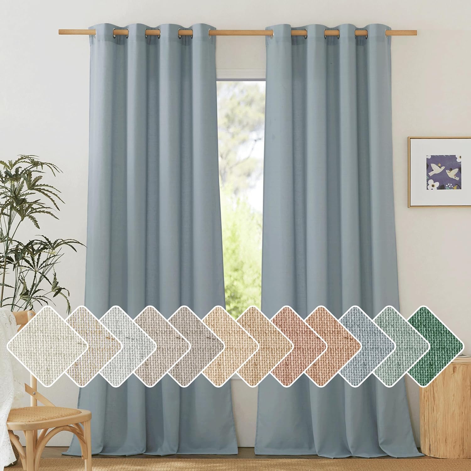Thick Stone Blue Linen Curtains for Kids Room, Grommet Semi Sheer Linen ...