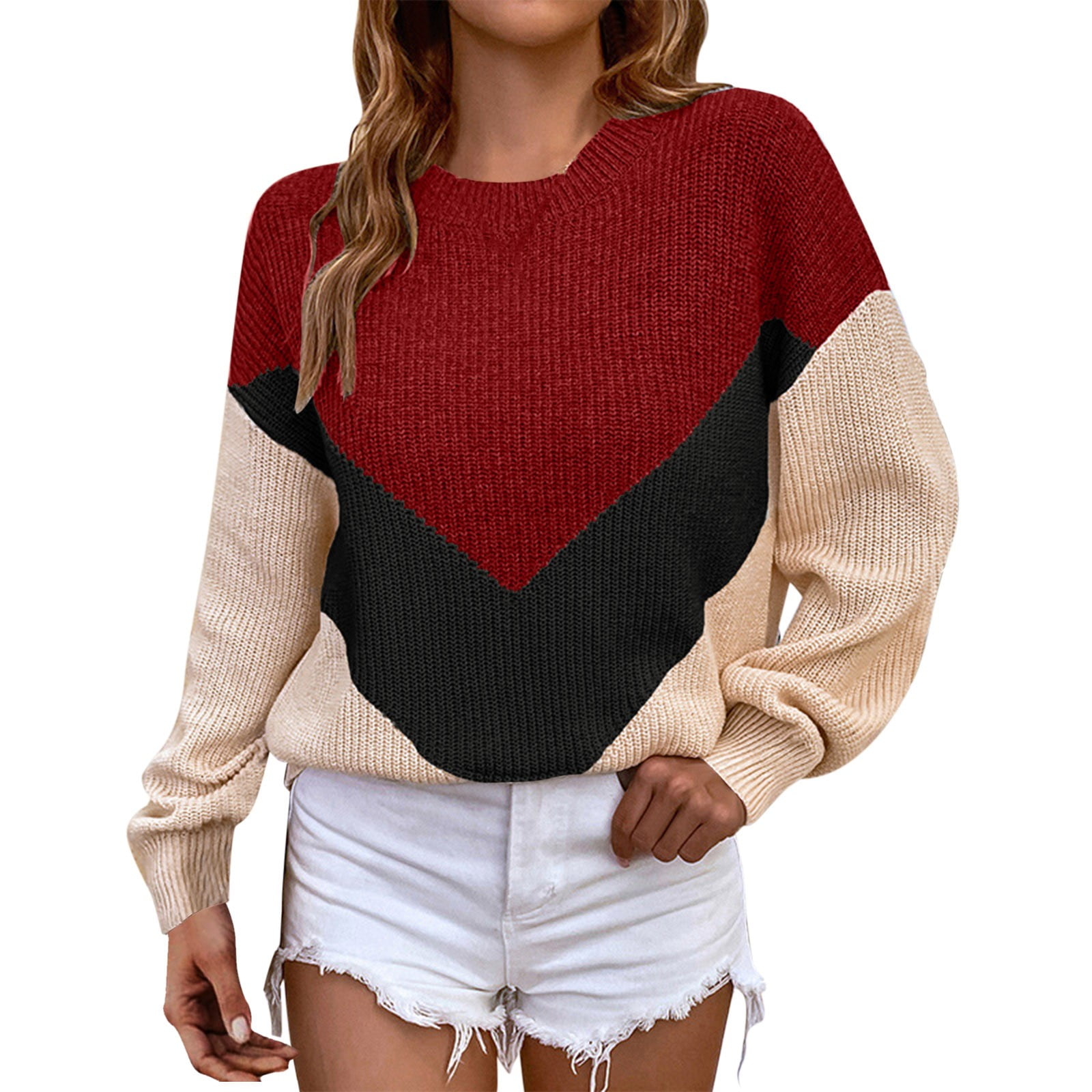 Thick Sweaters For Women Women Fashion Knit Colorblock Round Neck Loose