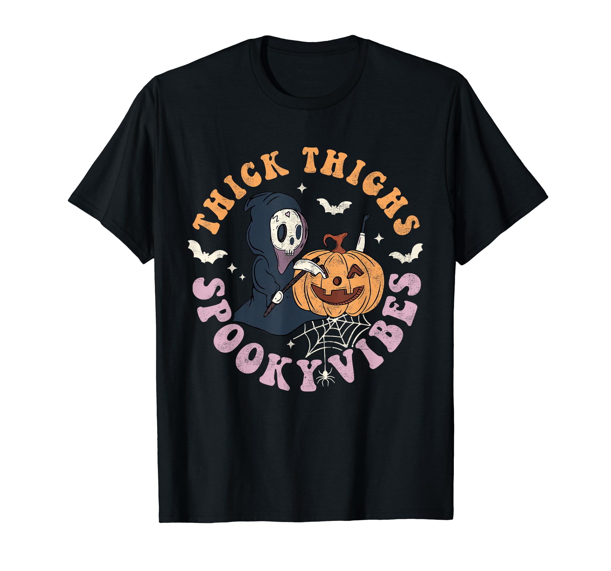 Thick Thighs Spooky Vibes Death Pumpkin Retro Halloween Black T-Shirt ...