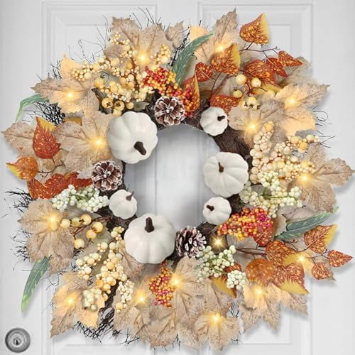 [ Thick & Timer ] 22 Inch Fall Wreath with Lights, Fall Wreaths for ...