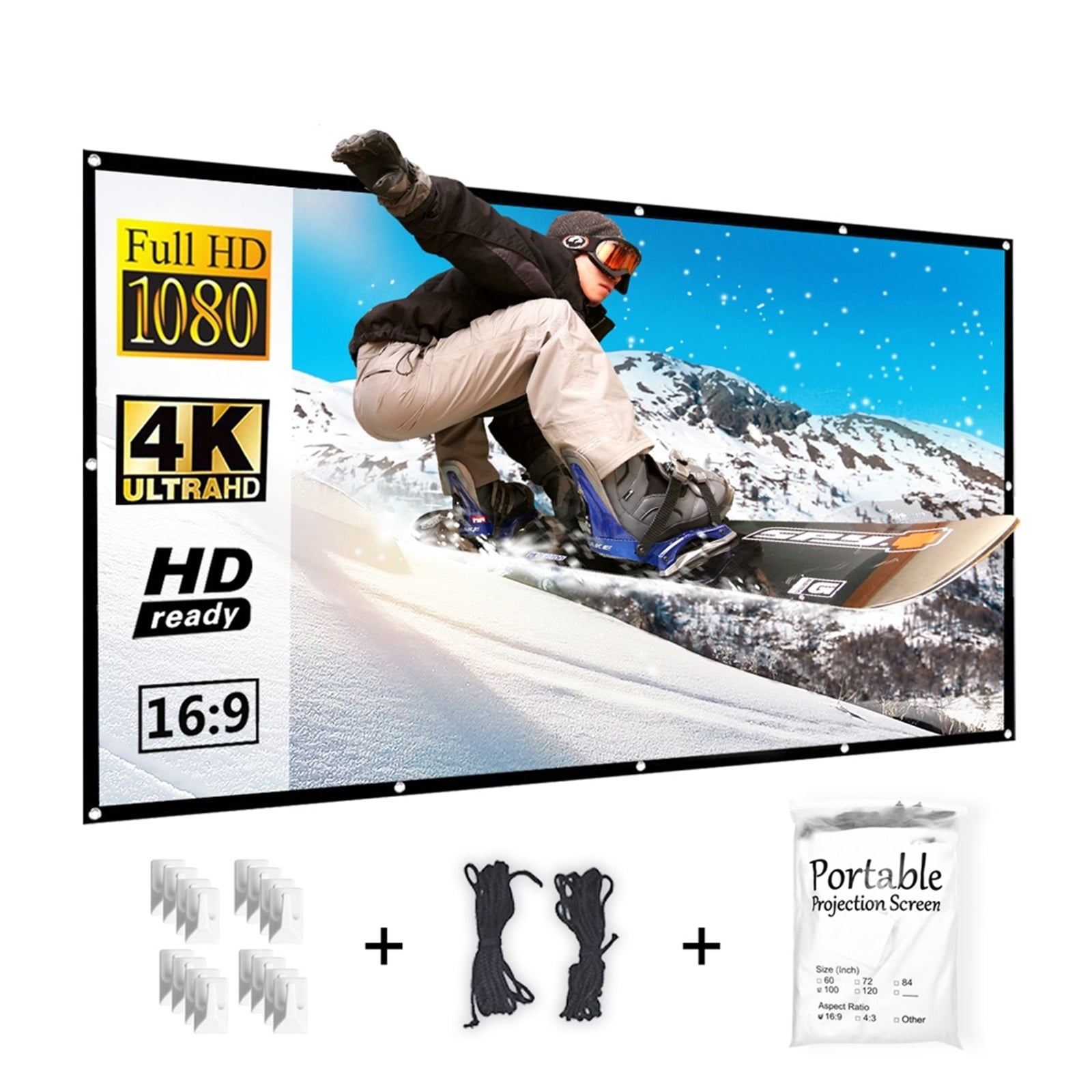 Thicken Projector Screen,120 / 150 inch 16:9,Foldable Portable White ...