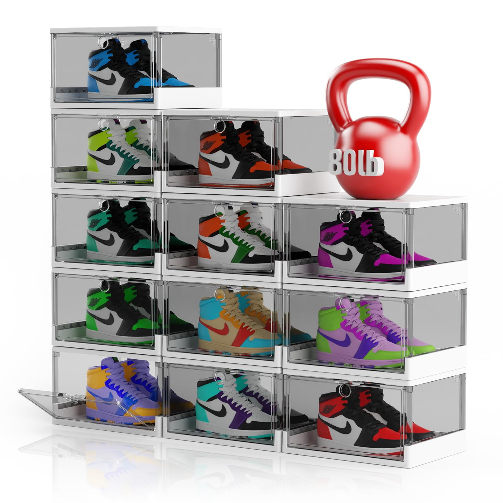 Thicken & Sturdy Clear Shoe Storage Organizer with Magnetic Door,12 Pack Stackable Boxes for ...
