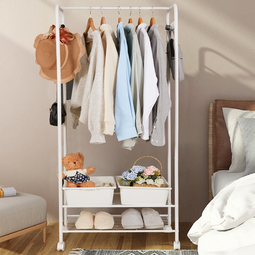 Thickened Iron Hangin Cloth Rack Heavy Duty Wheels Garment Stand w/ Two ...