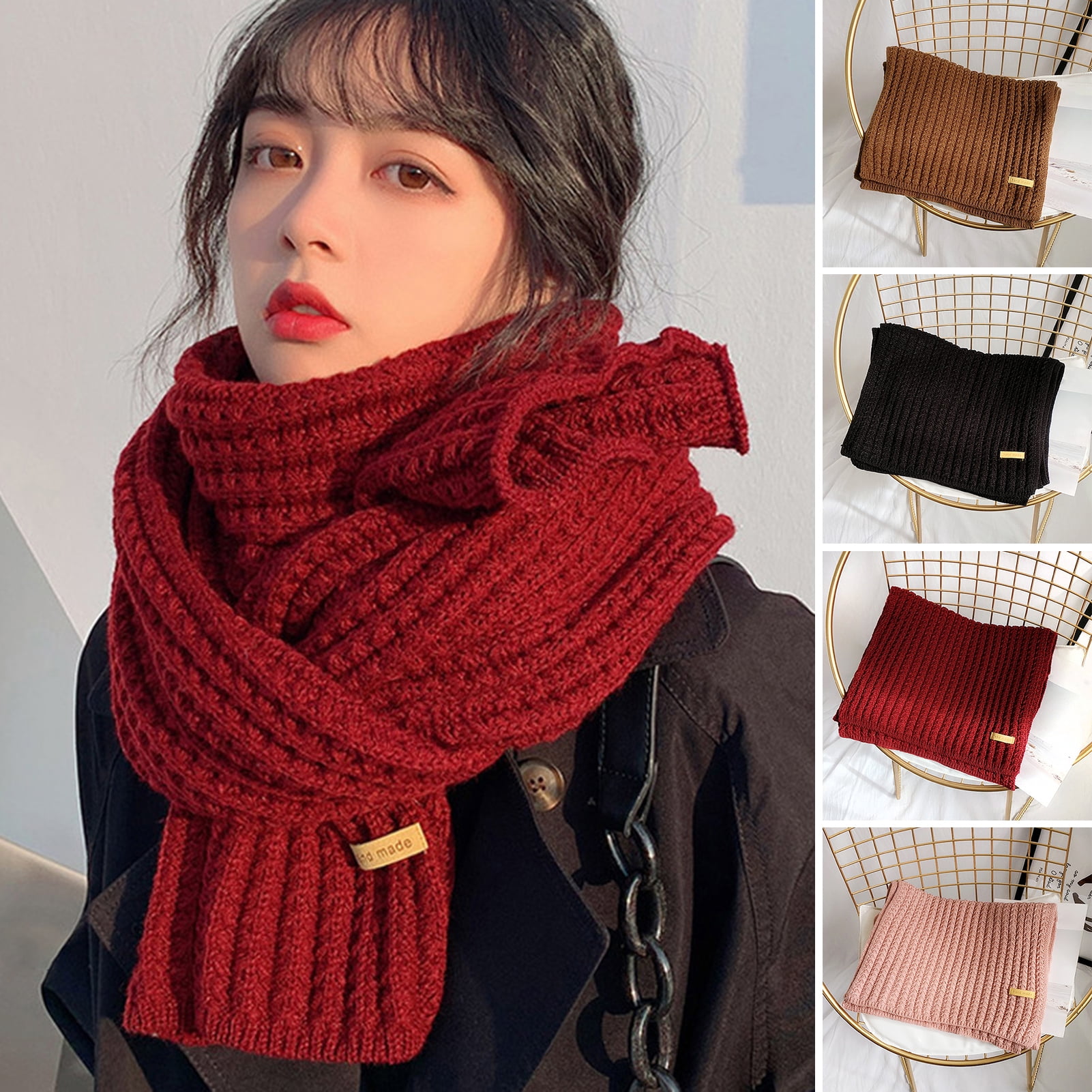 Thickened Soft Skin-Touch Knitted Scarf Women Winter Solid Color Long ...