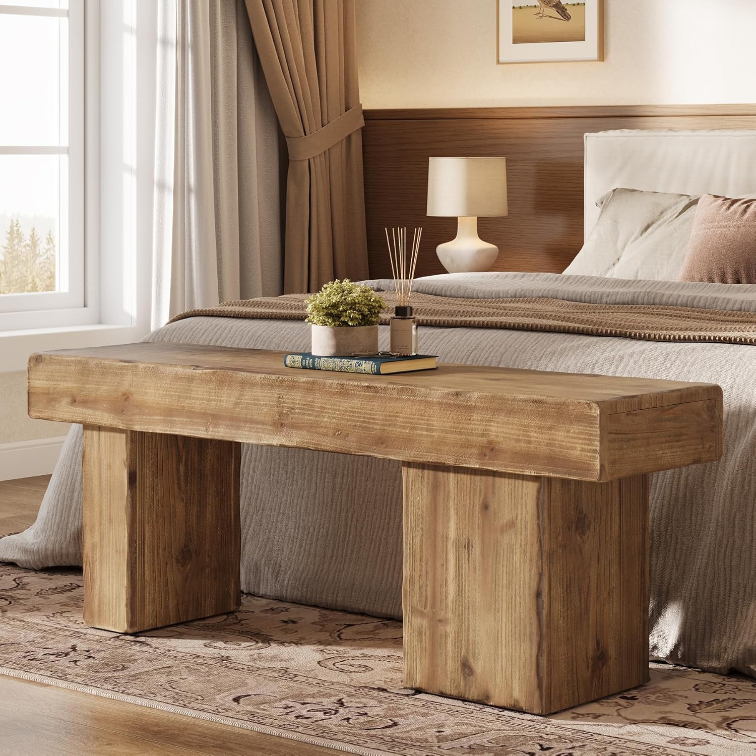 Thickened Solid Wood Bench, 47" Rustic Farmhouse Entryway Bench with ...
