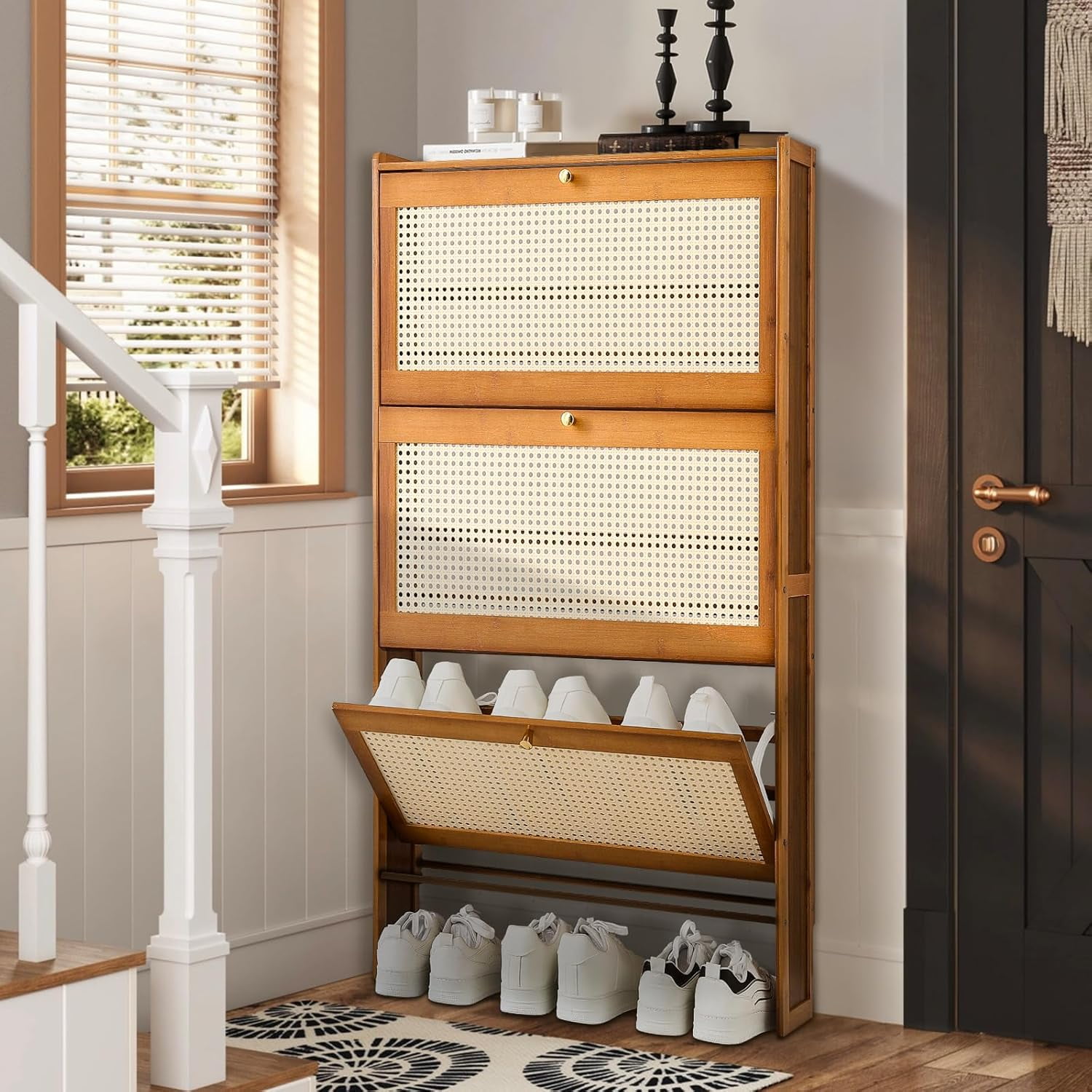 Thin Bamboo Shoe Cabinet with 3 Drawers, 47'' Narrow Slim Freestanding ...