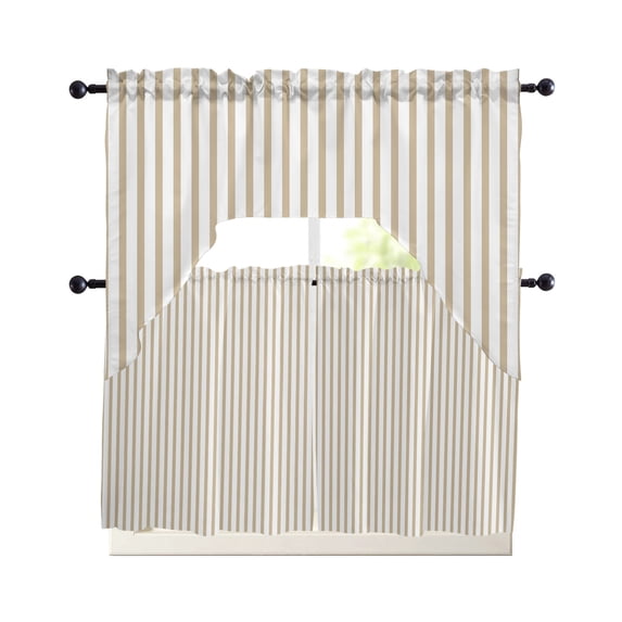 Thin Beige Striped Kitchen Curtains Sets for Windows 3 Piece, Farmhouse ...